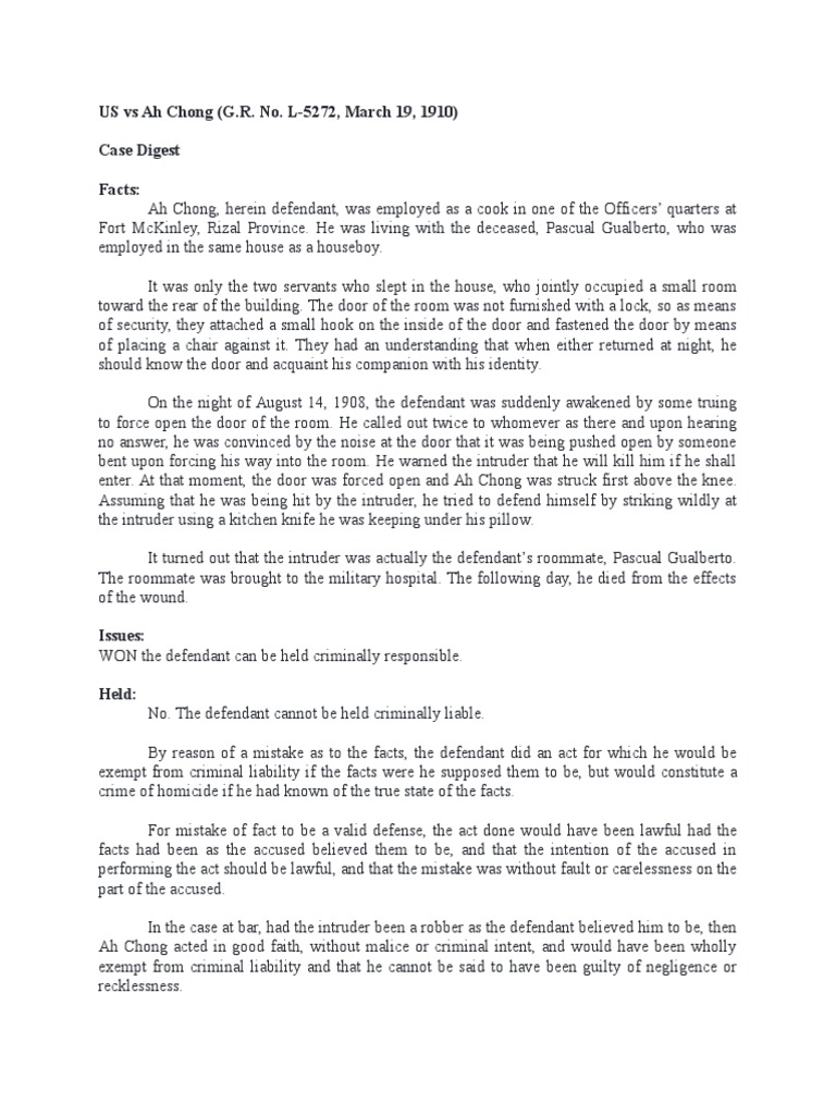 US Vs Ah Chong Case Digest | PDF | Social Institutions | Social Science
