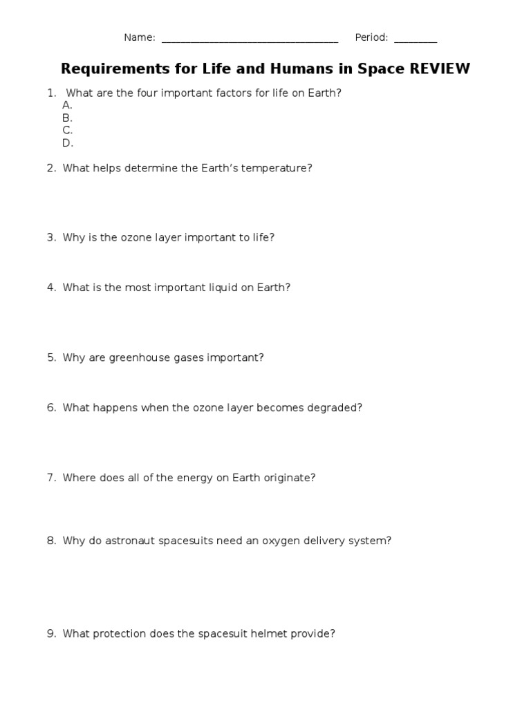 Requirements For Life and Humans in Space REVIEW: Name: - Period | PDF