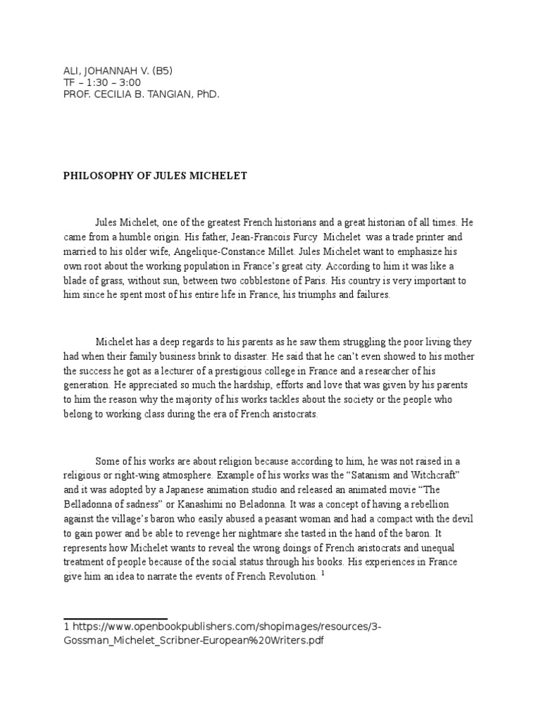 Philosophy of Jules Michelet: Ali, Johannah V. (B5) TF - 1:30 - 3:00 ...