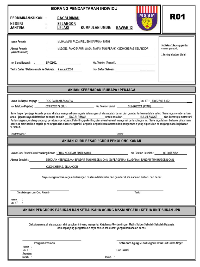 Borang Pendaftaran R01 Terkini (SELANGOR) | PDF