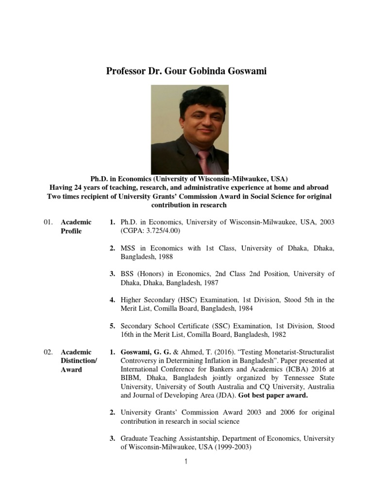 Professor Gour Gobinda Goswami's CV | PDF | Bangladesh | Economics