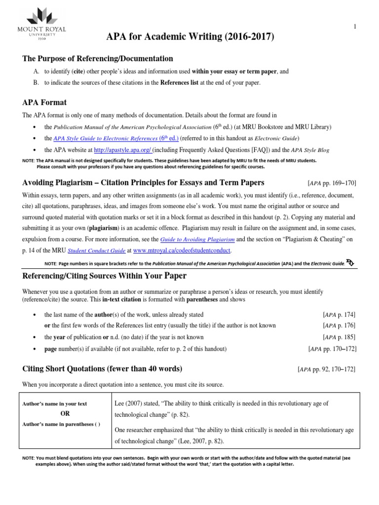 APA Style Formating Mount Royal University | PDF | Citation | Apa Style