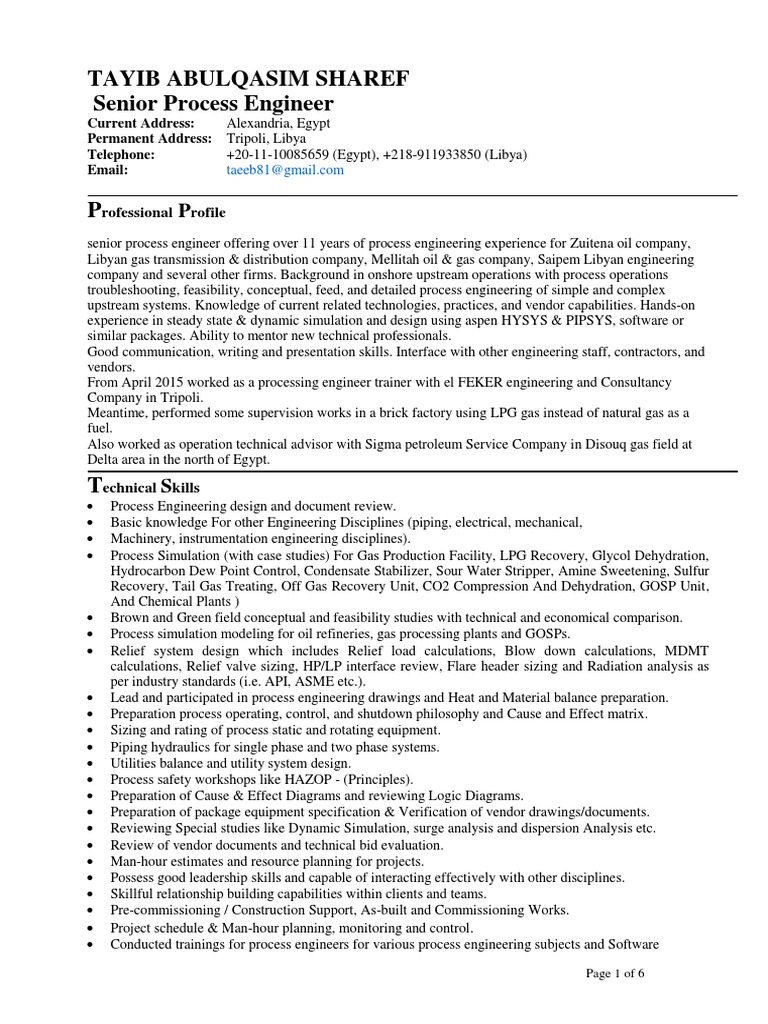 Sr. Process Engineer CV | PDF | Natural Gas | Engineering