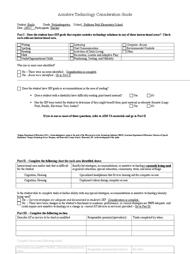 Assistive Technology Consideration Guide | PDF | Individualized ...