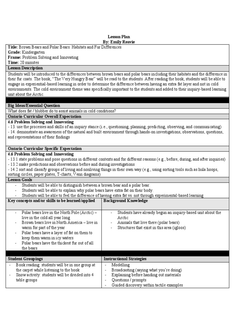 Lesson Plan Polar Bear and Importance of Fat Emily Reavie Weebly Lesson ...