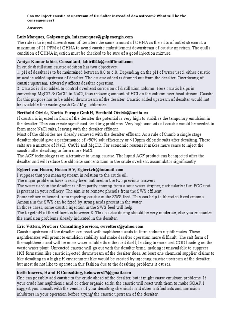Upstream Caustic Injection Risks | PDF | Sodium Chloride | Industrial ...