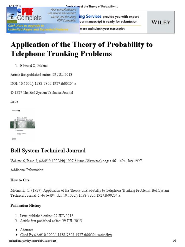 Application of The Theory of Probability To Telephone Trunking Problems ...