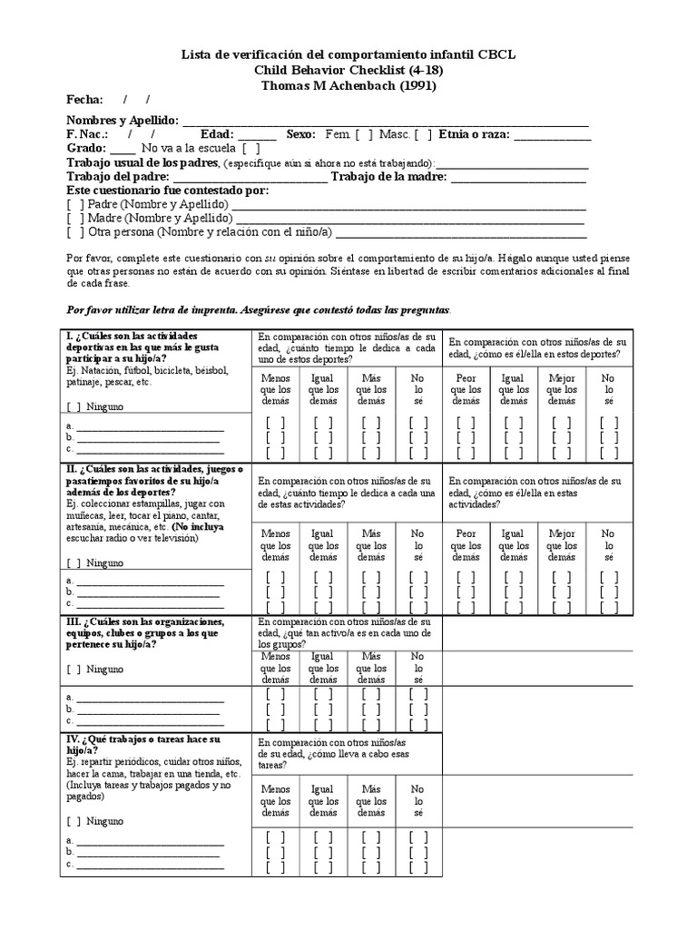 Lista de Verificación Del Comportamiento Infantil CBCL | Bienestar | Medicina