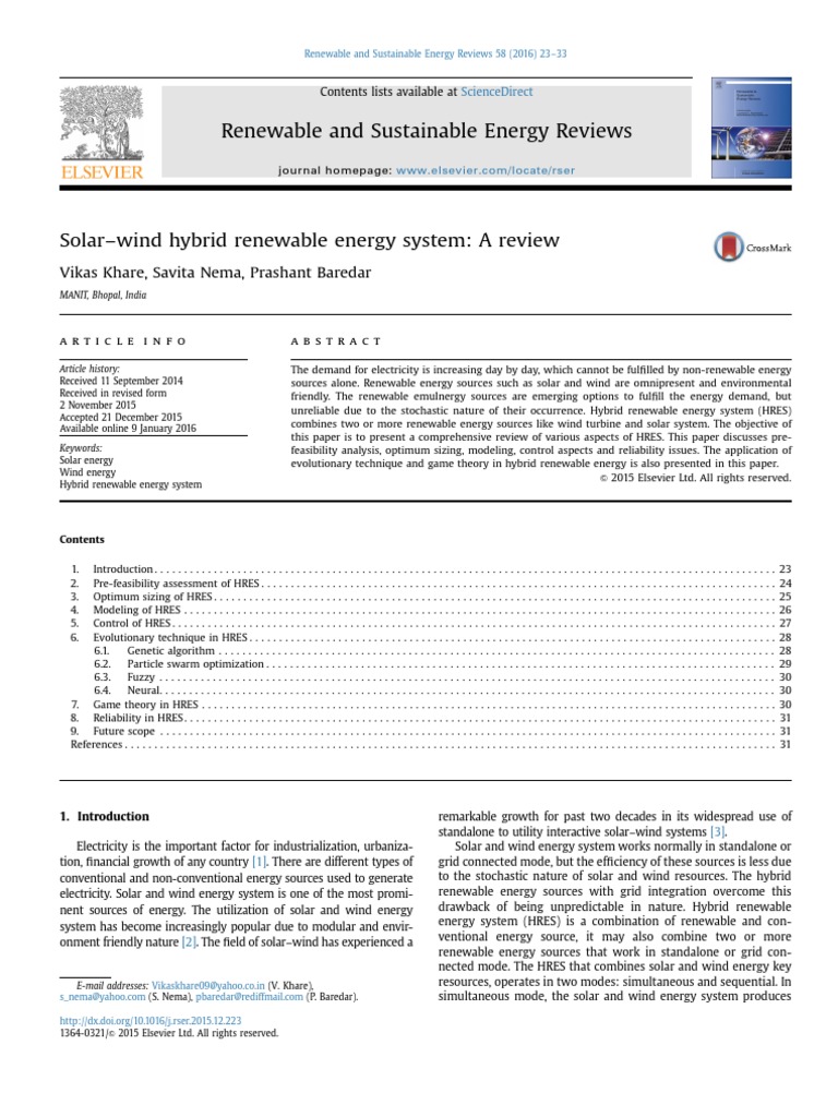 Solar-Wind Hybrid Renewable Energy System - A Review | PDF | Wind Power ...