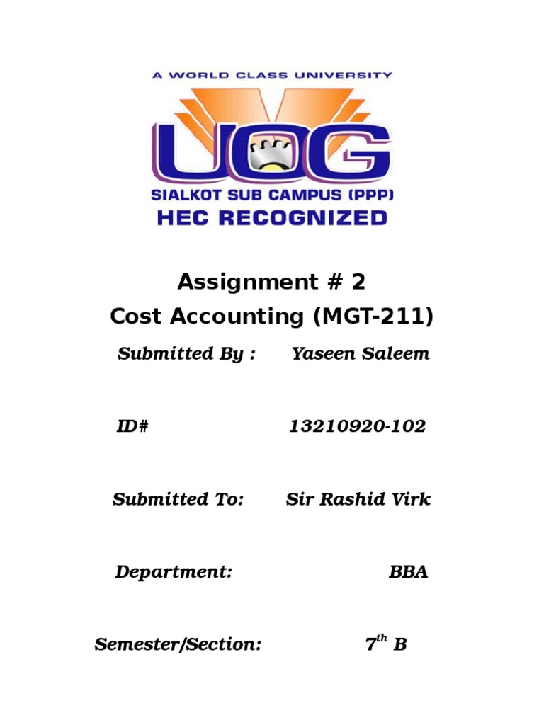 Assignment # 2 Cost Accounting (MGT-211) | PDF