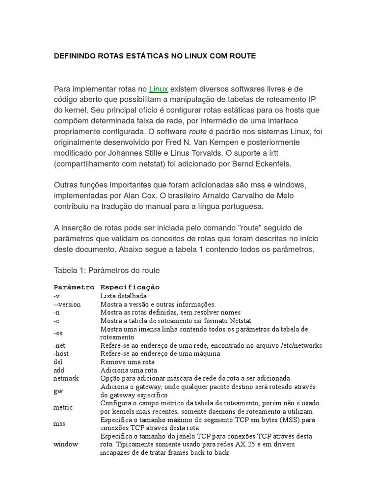 Definindo Rotas Estáticas No Linux Com Route | PDF | Roteamento | Linux