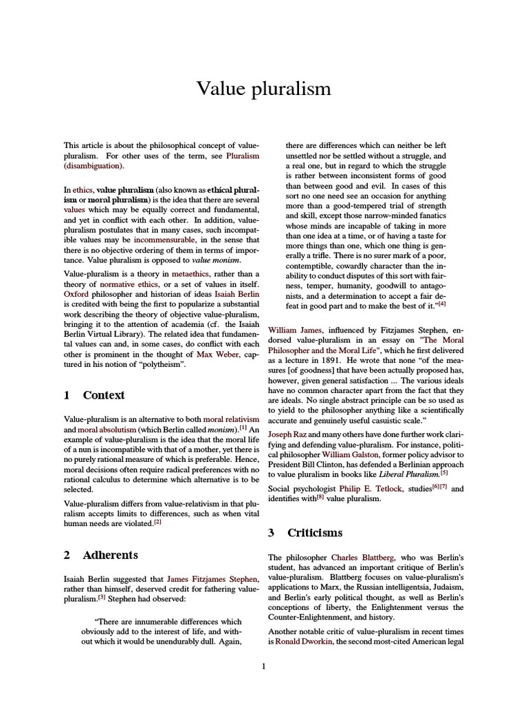 Value Pluralism: 1 Context | PDF | Psychological Attitude ...
