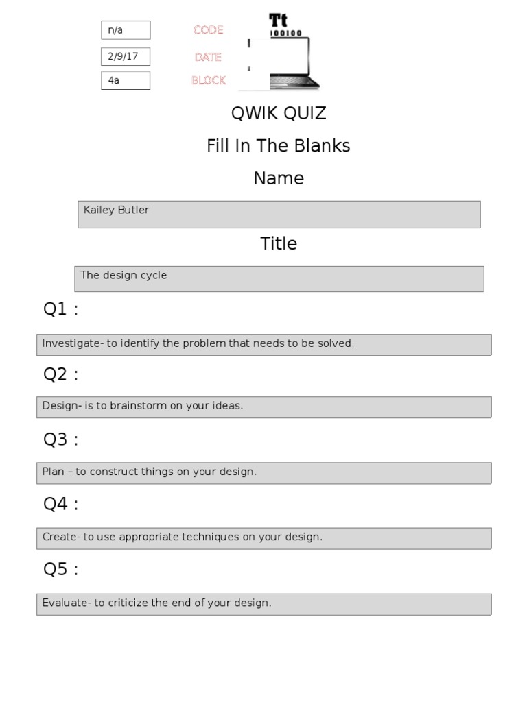 Design Cycle Quiz: Fill in the Blanks | PDF | Art