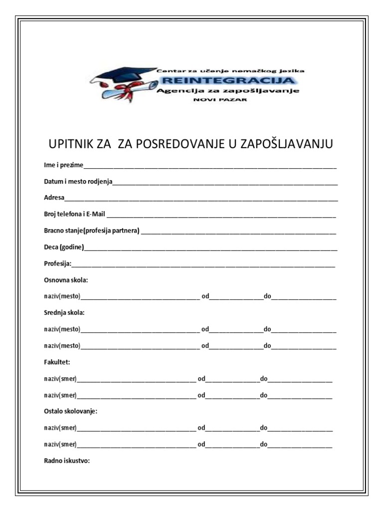 Upitnik Za Posao Sa Memorandumom PDF | PDF