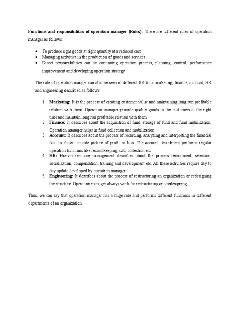 Functions and Responsibilities of Operation Manager | PDF