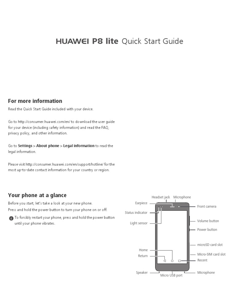 HUAWEI P8 Lite Quick Start Guide ALE-L02 01 English | PDF | Radio ...