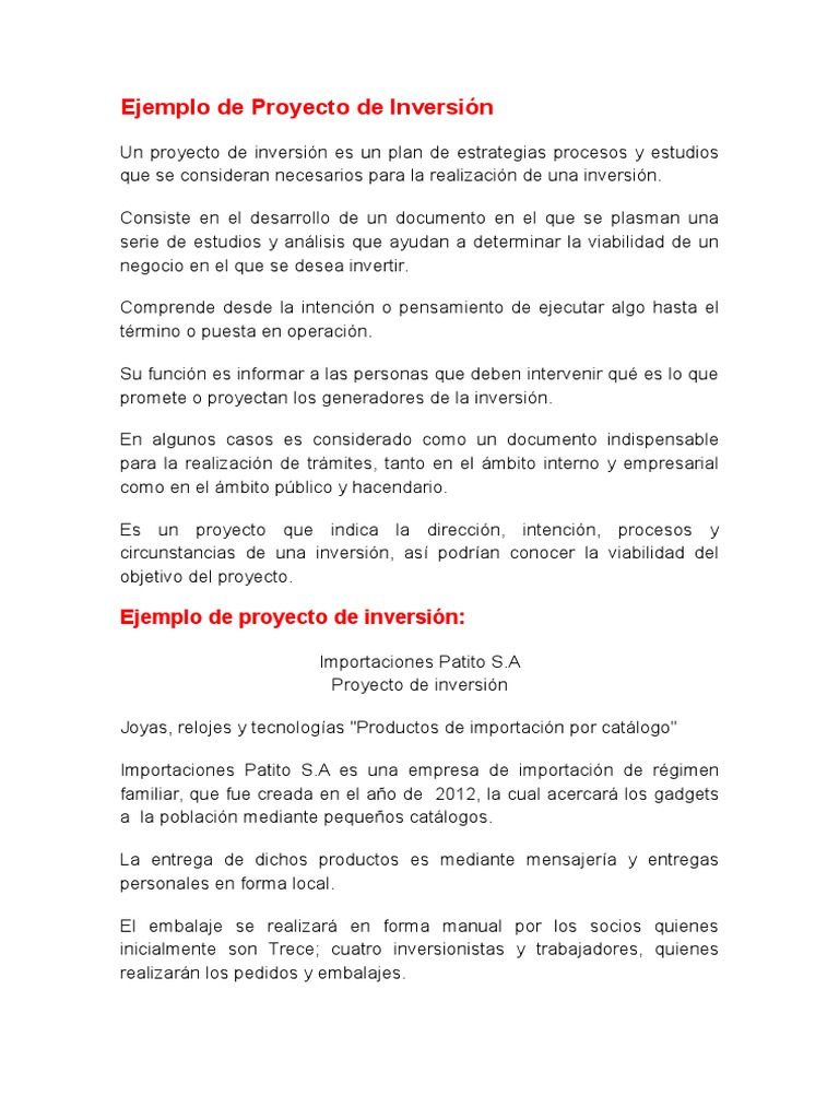 Ejemplo de Proyecto de Inversión | PDF | Finanzas y dinero