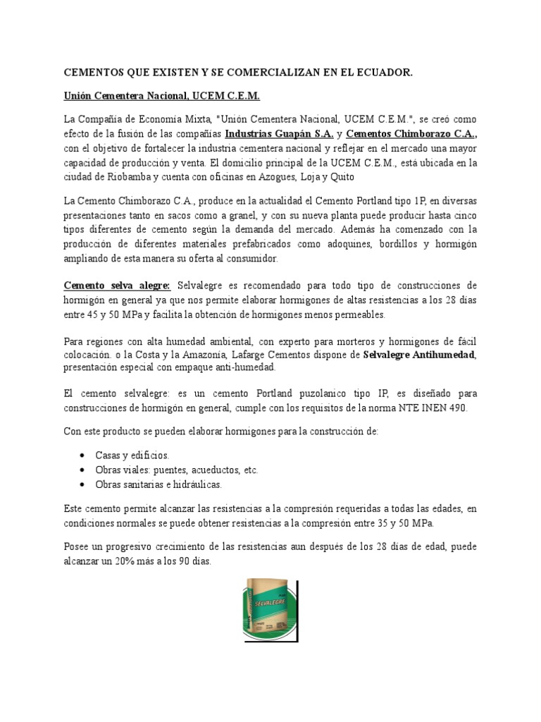Tipos y Marcas de Cemento en Ecuador | PDF | Hormigón | Cemento