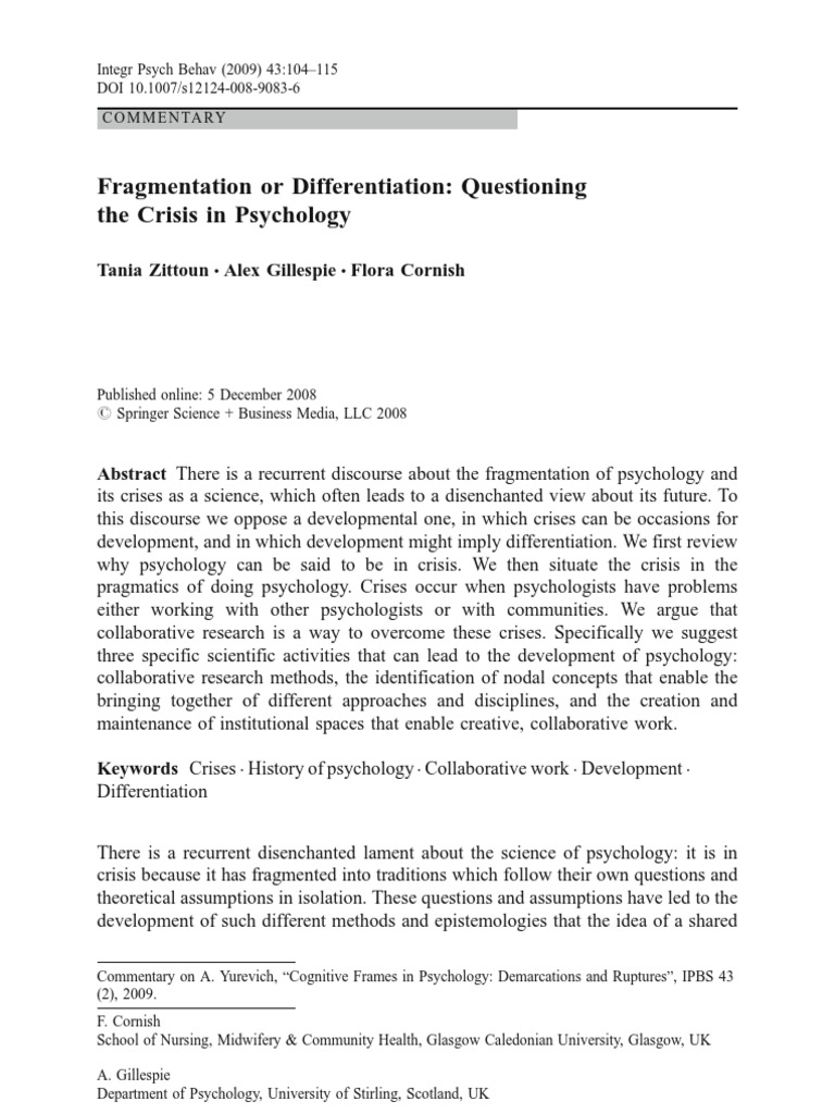 Fragmentation or Differentiation: Questioning The Crisis in Psychology ...