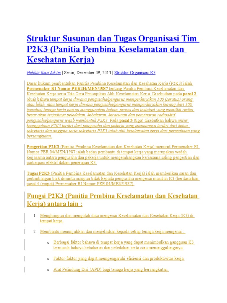 Struktur Susunan Dan Tugas Organisasi Tim P2K3 | PDF