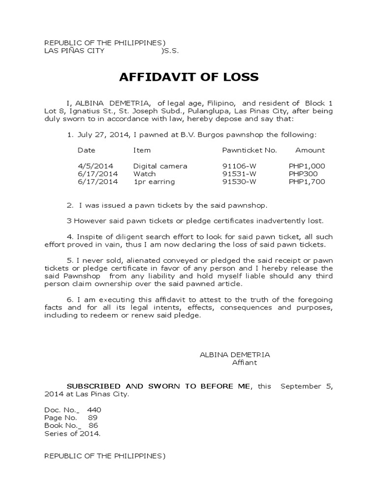 Affid Loss Pawn Ticket 2 | Pawnbroker | Affidavit | Free 30-day Trial ...