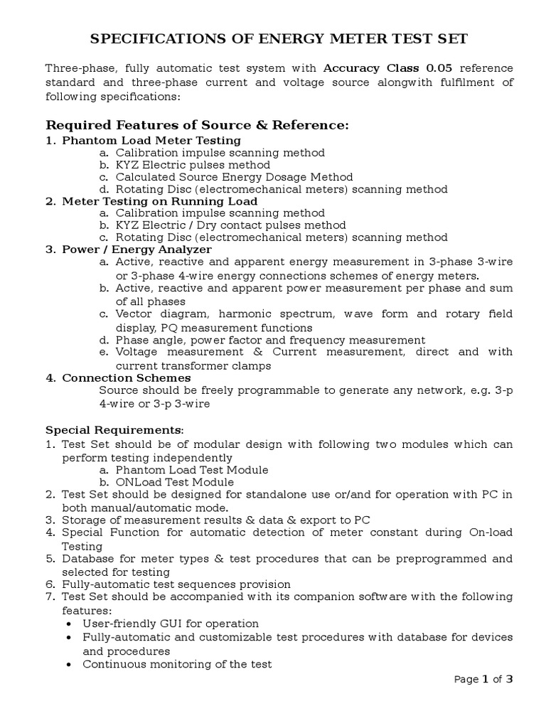 Specifications For Test Set | PDF | Power Supply | Electric Power
