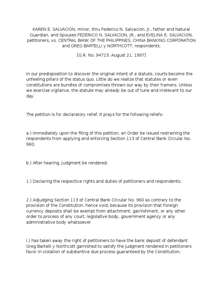 Salvacion vs. Central Bank Ruling | PDF | Lawsuit | United States ...