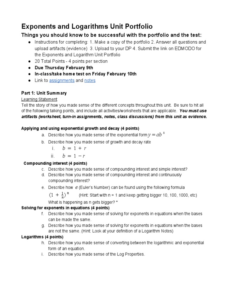 Exponentsandlogarithmsunitportfolio Novella | PDF | Logarithm | Exponentiation