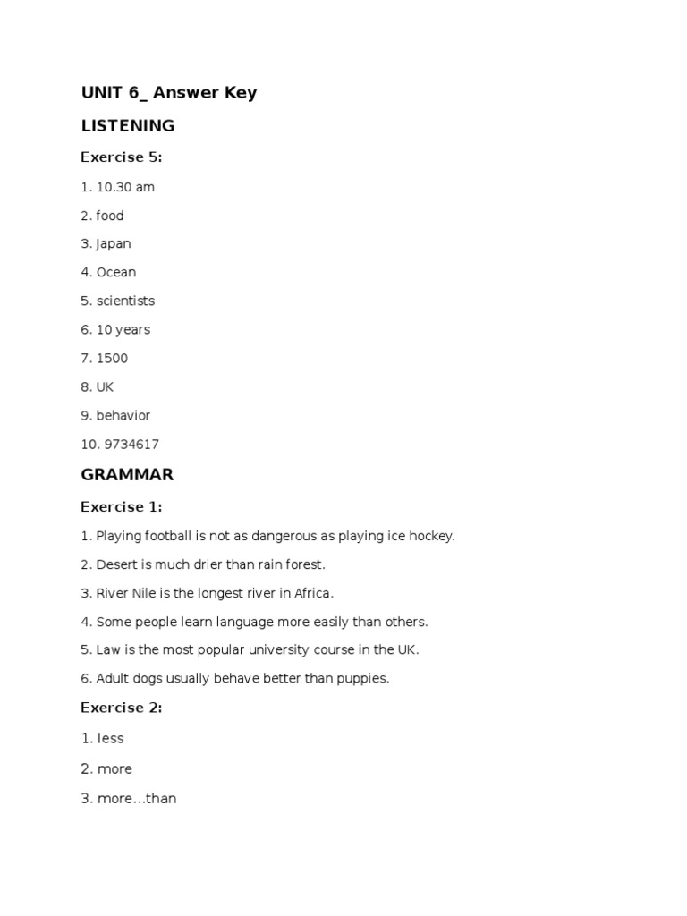UNIT 6 - Answer Key Listening: Exercise 5 | PDF