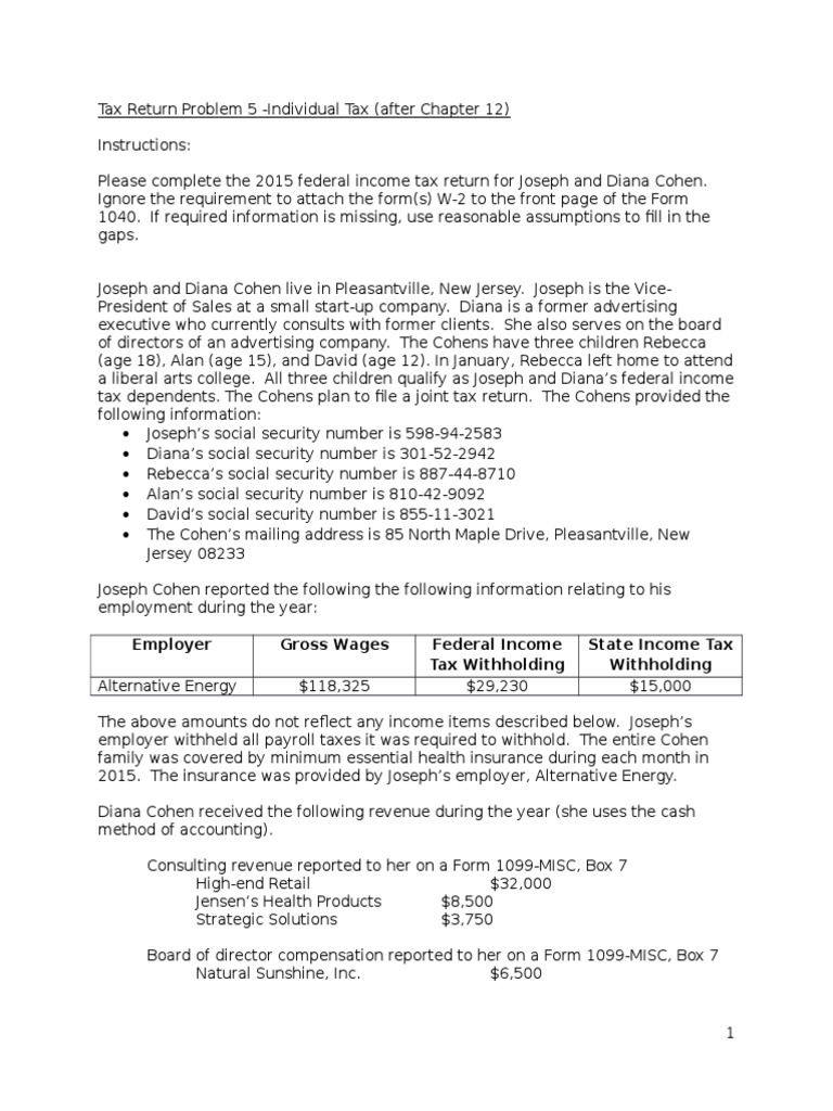 Tax Return Project Situation - Cohen Tax Year 2015 - Fall 2016 | PDF ...