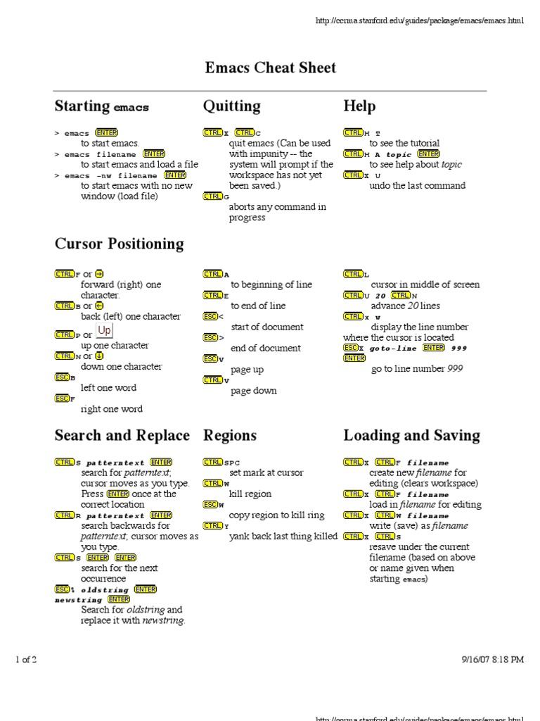 Emacs Cheat Sheet | PDF | Filename | System Software