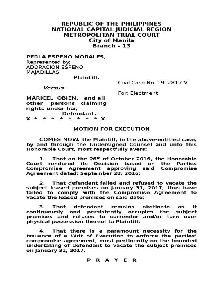 MOTION FOR EXECUTION - EJECTMENT.doc