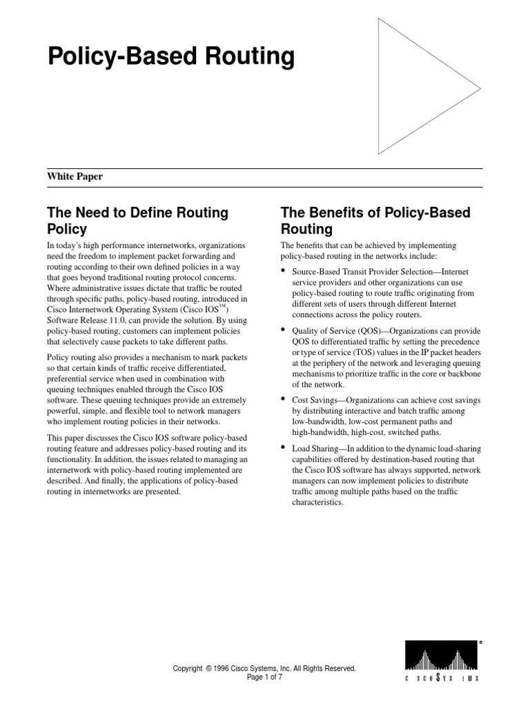 Policy-Based Routing: The Need To Define Routing Policy The Benefits of Policy-Based Routing | PDF