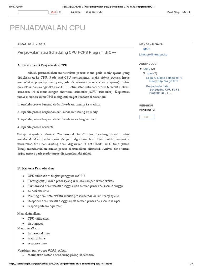 PENJADWALAN CPU - Penjadwalan Atau Scheduling CPU FCFS Program Di C++ | PDF