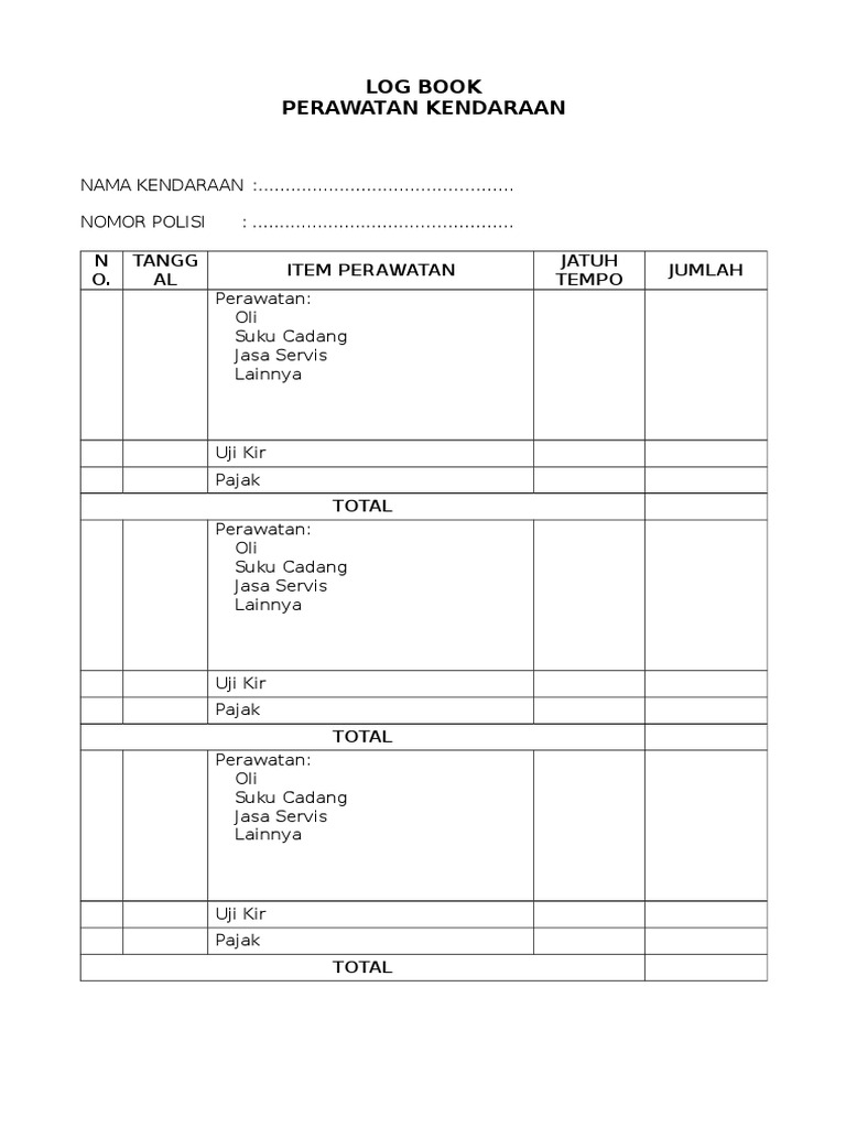 Log Book Pemeliharaan Kendaraan | PDF