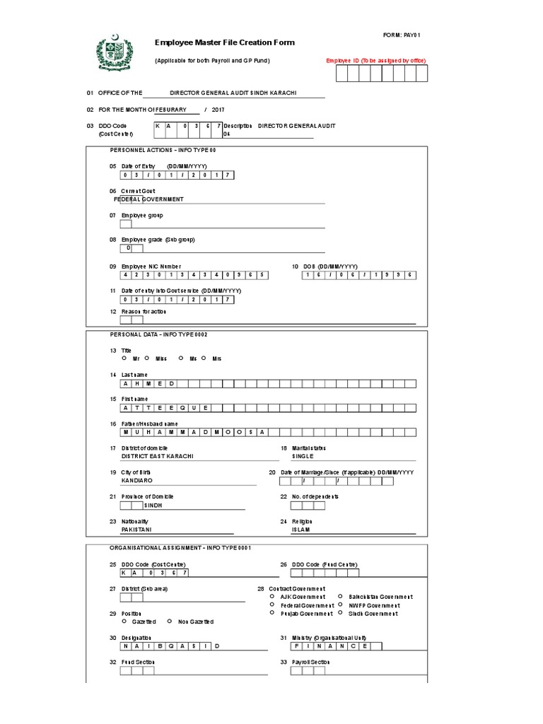 Employee Master File Creation Form: Employee ID (To Be Assigned by ...