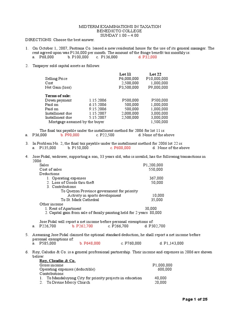 Business Taxation Midterm Exam Guide | PDF | Estate Tax In The United ...