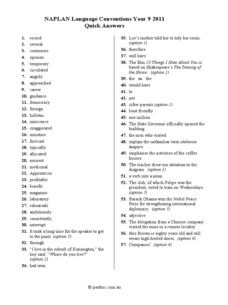 NAPLAN Language Conventions Year 9 2011 Quick Answers: (Option 1) | PDF
