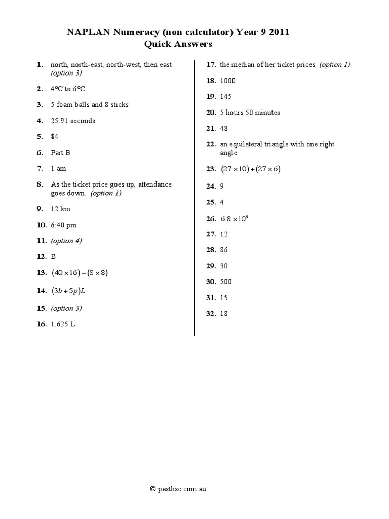 NAPLAN Numeracy (Non Calculator) Year 9 2011 Quick Answers: (Option 3 ...