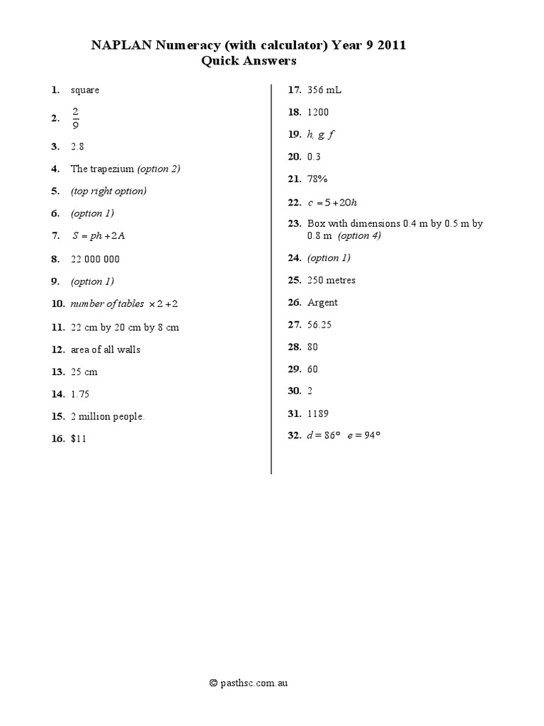 NAPLAN Numeracy (With Calculator) Year 9 2011 Quick Answers: S PH + 2A ...