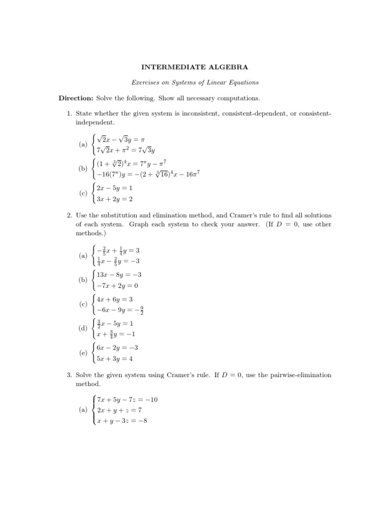 Linear Equations Exercises with Solutions | PDF | System Of Linear ...