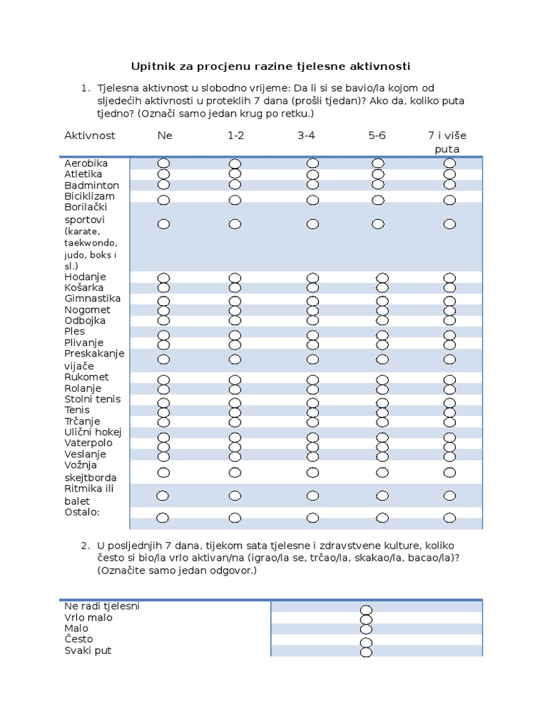 Upitnik Za Procjenu Razine Tjelesne Aktivnosti | PDF