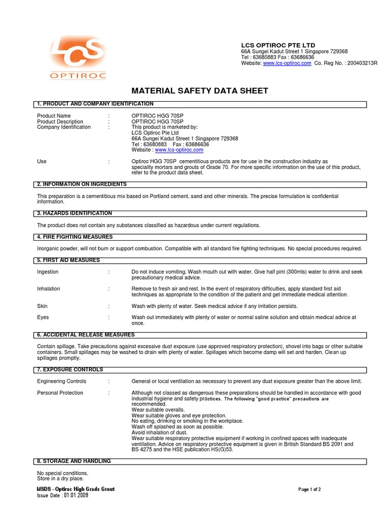 MSDS-Grout HGG 70SP PDF | PDF
