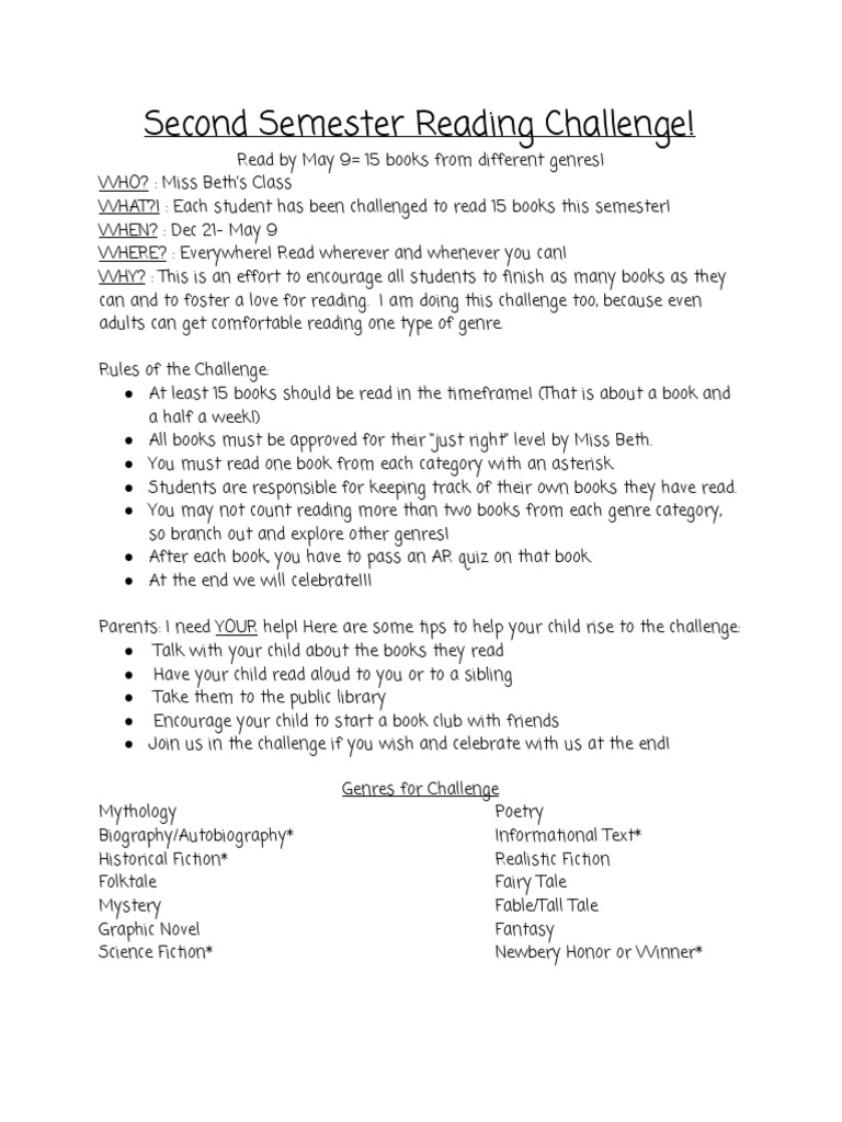 Second Semester Reading Challenge! | PDF | Self-Improvement | General ...