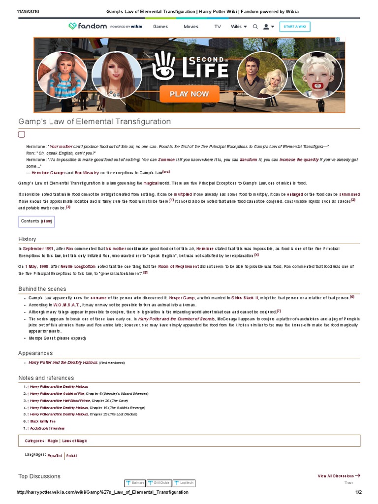 Gamp's Law of Elemental Transfiguration - Harry Potter Wiki - Fandom ...