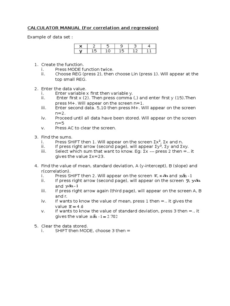 CALCULATOR MANUAL-correlation and Regression 1 | PDF | Teaching Methods ...