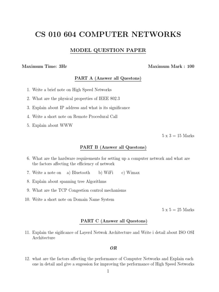 Cs 010 604 Computer Networks: Model Question Paper | PDF ...