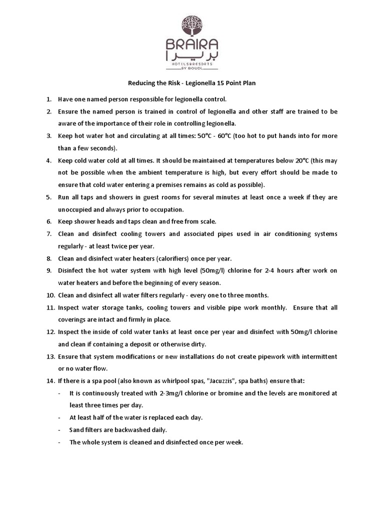 Reducing The Risk - Legionella 15 Point Plan | PDF