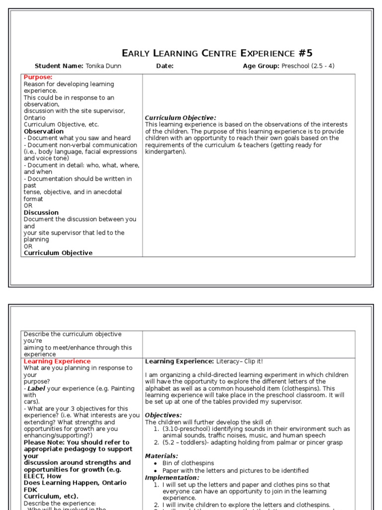 Preschool Literacy Learning Experience | PDF | Preschool | Curriculum
