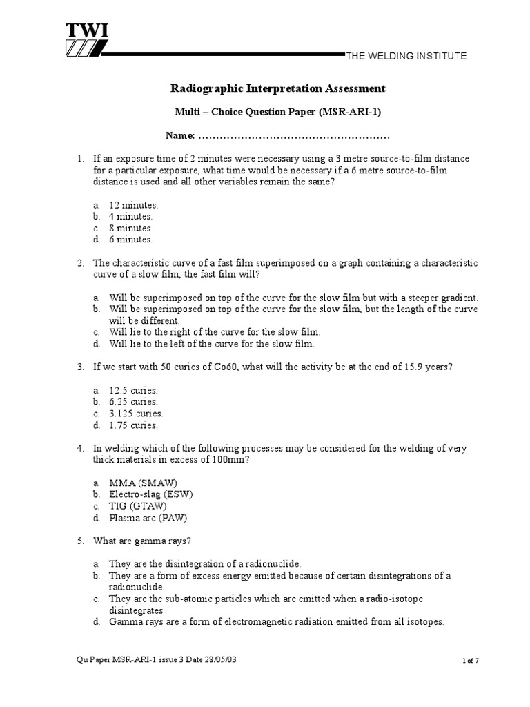Radiographic Interpretation Assessment: Multi - Choice Question Paper ...